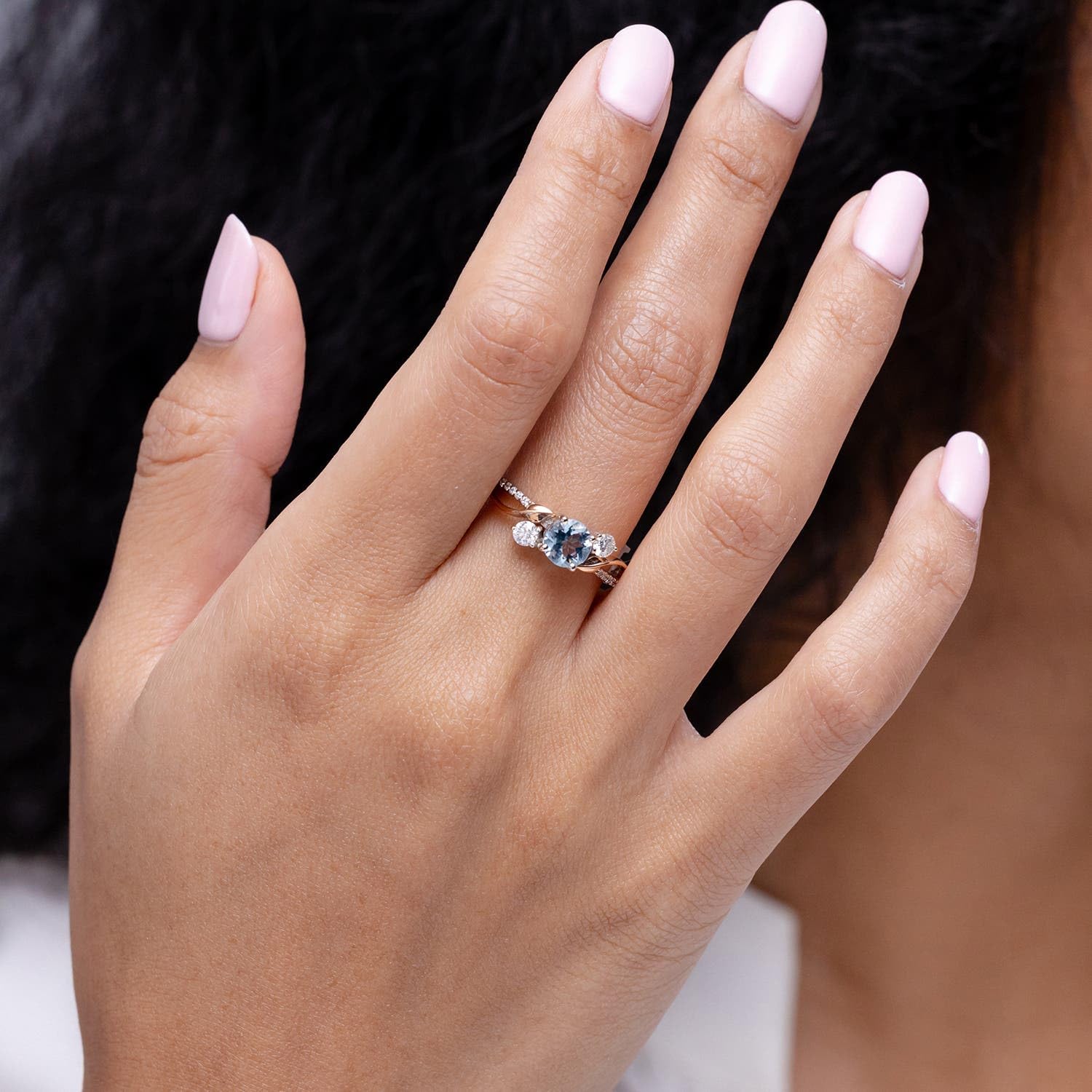 Angara Aquamarine and Diamond Twisted Vine Ring in 14K White & Rose Gold (5mm Aquamarine) March Birthstone