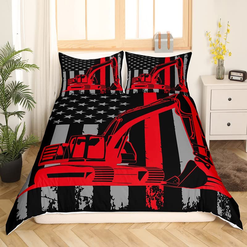 Feelyou American Flag Excavator Duvet Cover Cartoon Excavator Comforter Cover Red Construction Site Car Bedding Set for Kids US Flag Vehicle Truck Cars Bedspread Cover Twin Size Zipper (No Comforter)