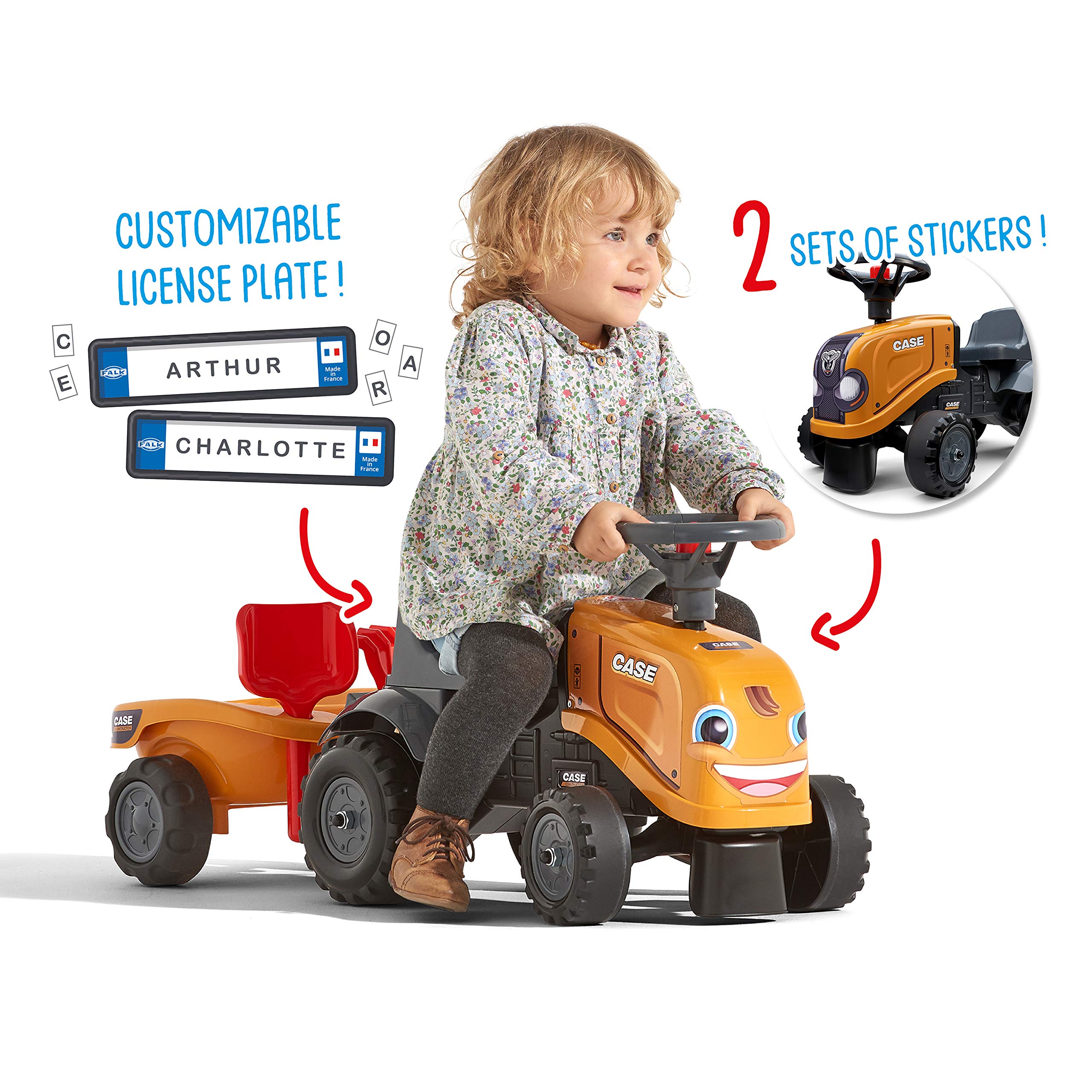 Falk Case CE Tractor with Trailer, Rake and Shovel, Rake and Shovel, 2 Sets of Stickers, Push Ride-On Toy for Toddlers +1 Year FA297C