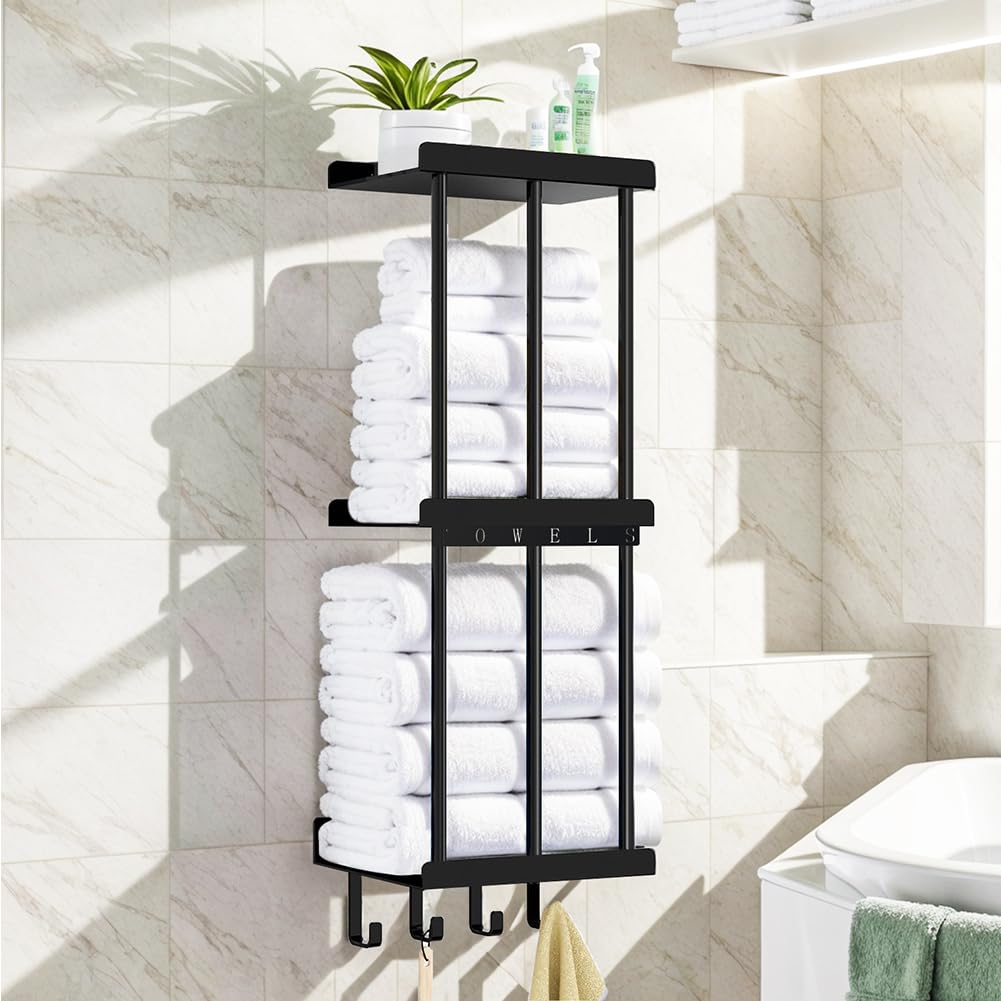 Bathroom Towel Storage Rack 3 Tier Towel Racks for Bathroom Wall Mounted 32 inch with Shelf and 4 Hooks of Rolled Bath Towels
