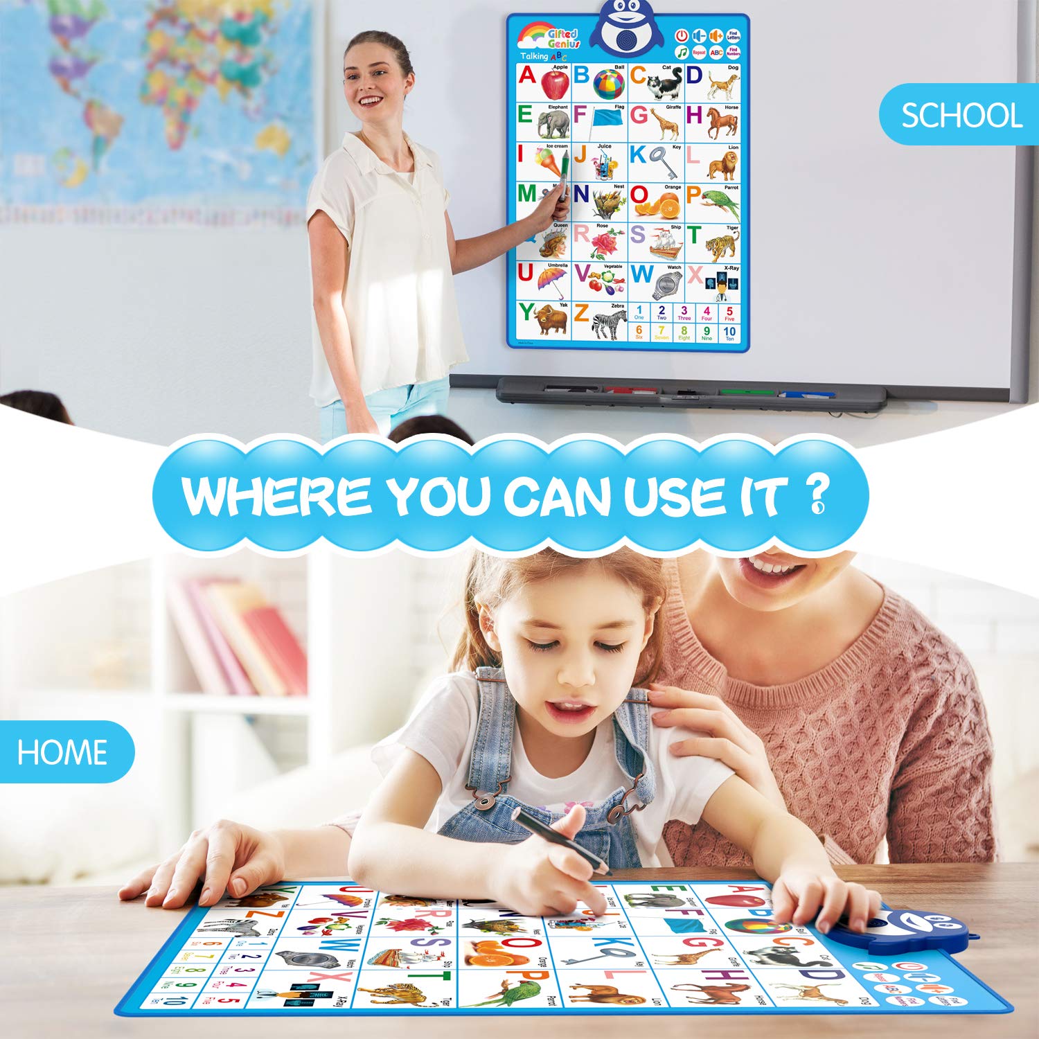 Gifted Genius Electronic Interactive Alphabet Wall Chart, Talking ABC & 123s & Music Poster, Best Educational Toy for Toddler. Kids Fun Learning at Daycare, Preschool, Kindergarten for Boys & Girls