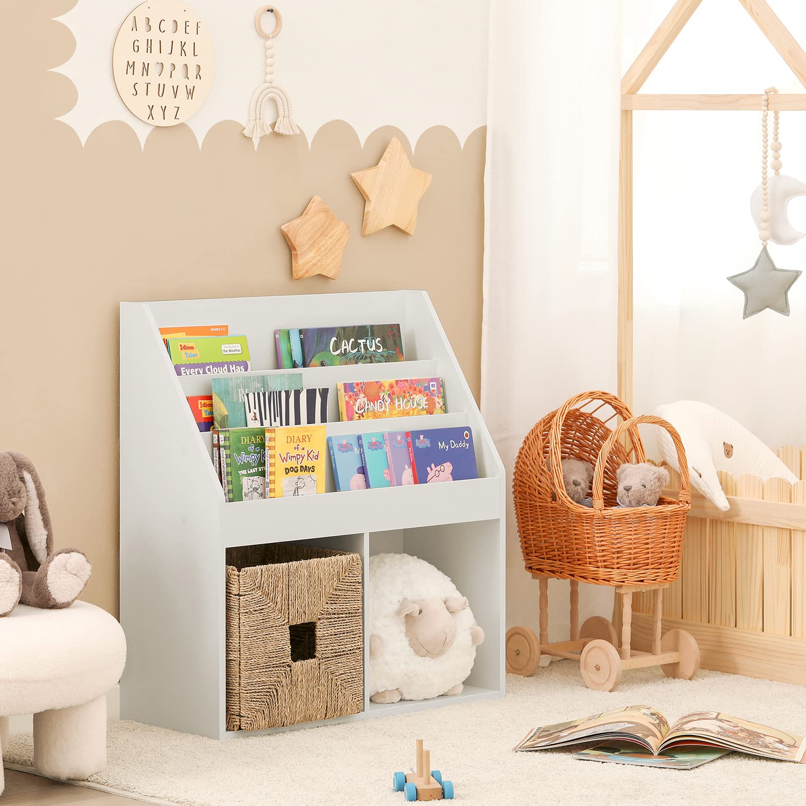 SoBuy Kids Book Shelf 3 Titers Children Bookcase, Toy Shelf Storage Display Shelf Rack Organizer Holder Playroom Nursery Classroom Library, White, KMB39-W