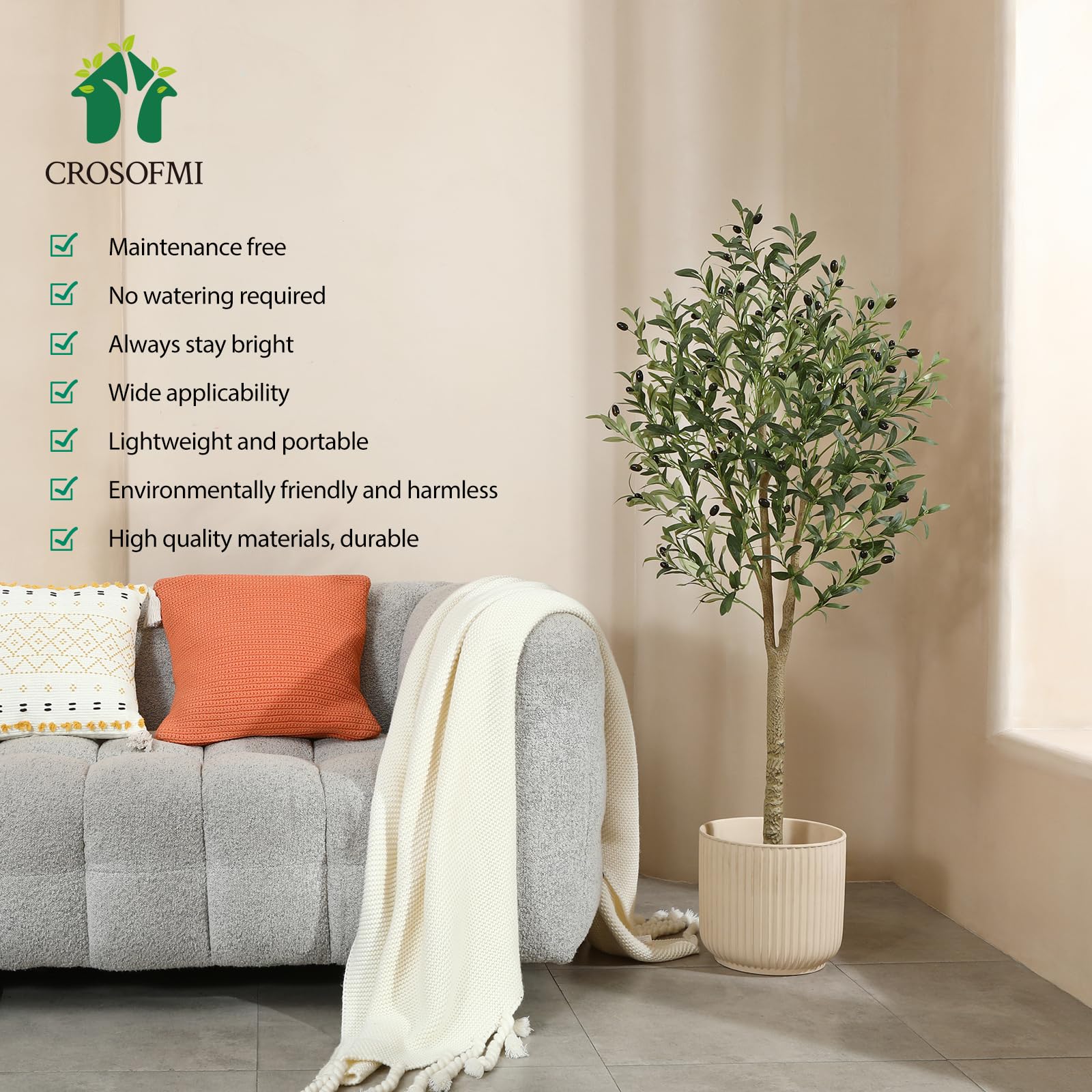 CROSOFMI Artificial Olive Tree Plant 5 Feet Fake Topiary Silk Tree, Perfect Faux Plants in Pot for Indoor Outdoor House Home Office Garden Modern Decoration Housewarming,2Pack