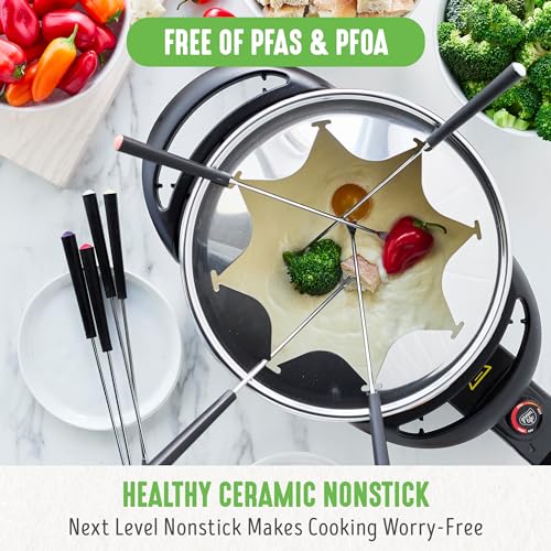 GreenLife 14 Cup Electric Fondue Maker Pot Set For Cheese, Chocolate, and Meat, 8 Color Coded Forks, Healthy Ceramic Nonstick, Adjustable Temperature Control, PFAS-Free, Pink