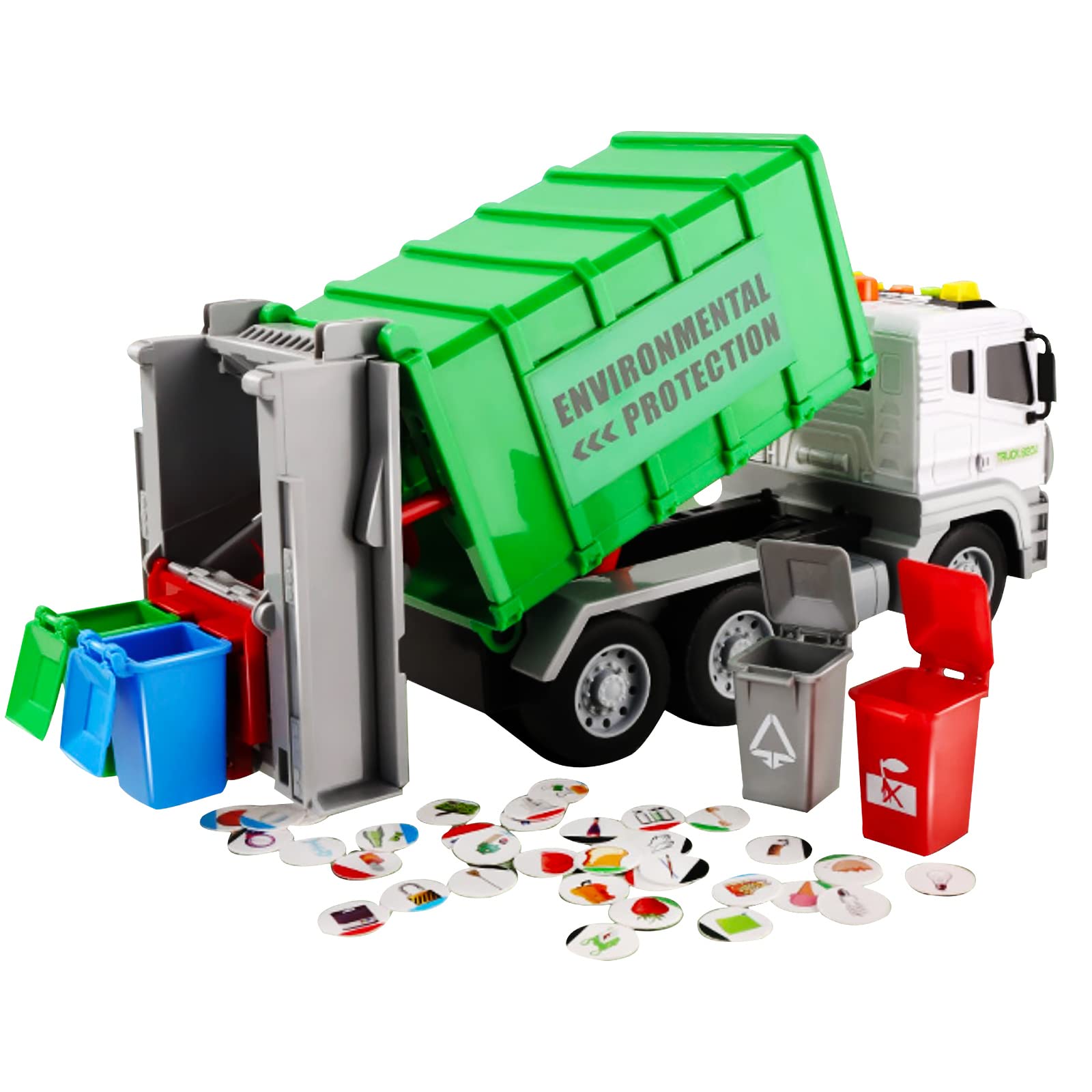 Garbage Truck Toys Recyclable Garbage Sorting, Inertia Car with Four Garbage Bins and Cards, Simulated Sounds and Lights, Learning Educational Toys for Boys and Girls 3,4,5,6 Years Old Birthday Gifts