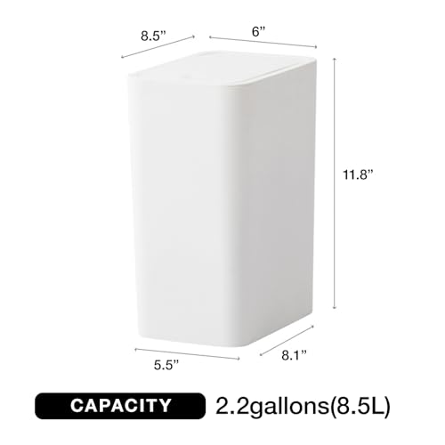 Bathroom Trash Can, Modern Slim Shape Pop-up Plastic Invisible Liner Garbage Bin for Kitchen, Bedroom, Living Room with Lid, Minimal Indoor Waste Basket with Liner Holder, 2.2 Gallon/ 8.5 Liter, White