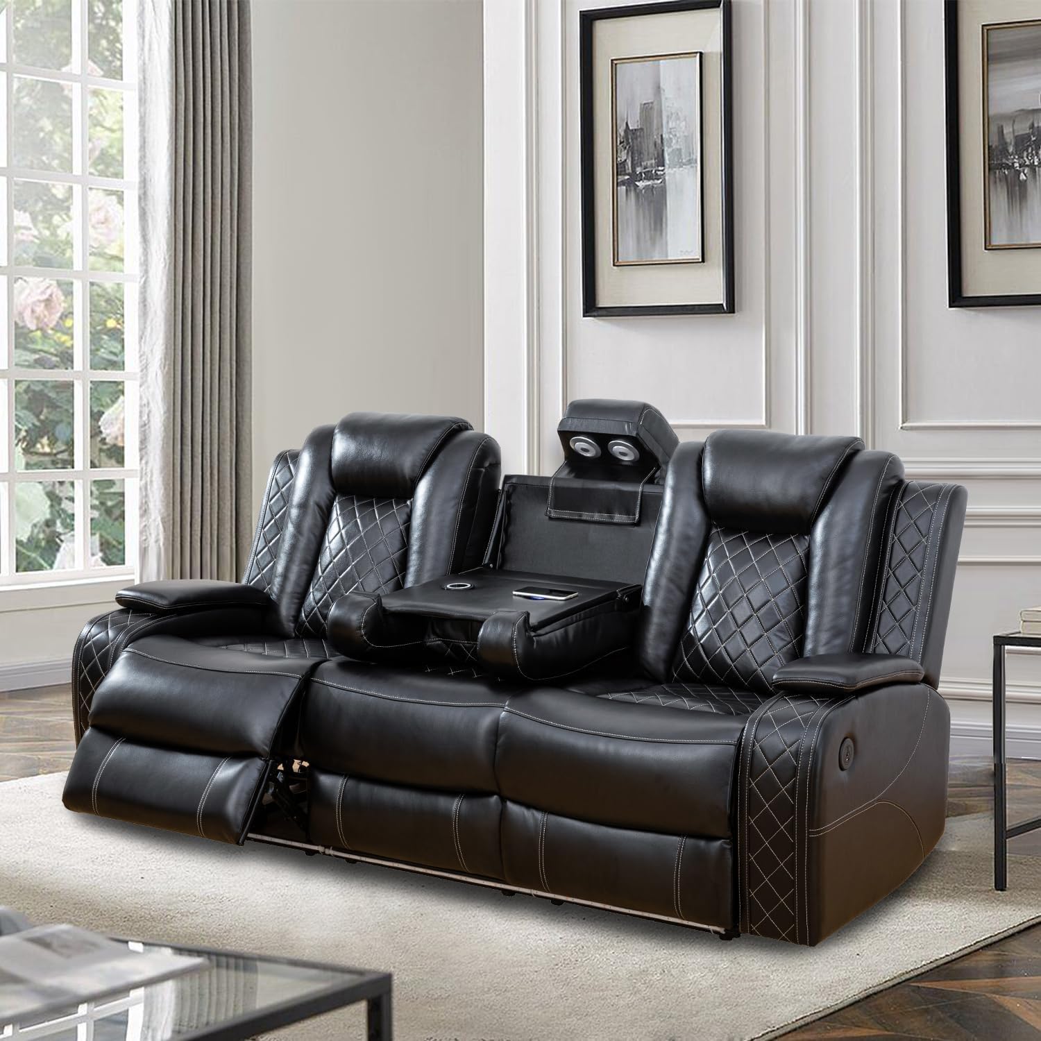 AYCP Air Leather Power Recliner Sectional with LED Lights, Reader Lights, Storage Consoles, Cup Holders, USB Charging Port (Sectional Set), Black