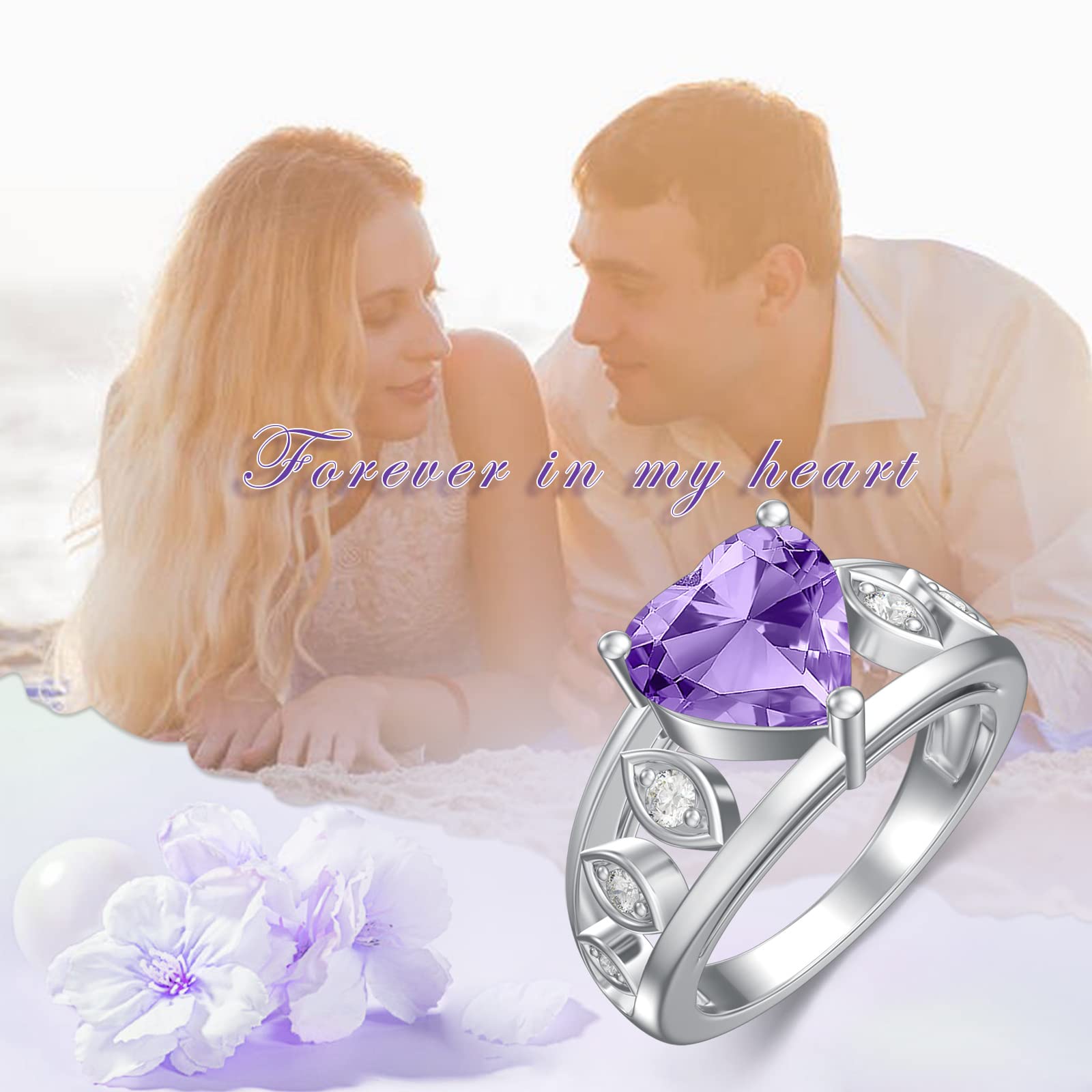 Althum 8MM Genuine Amethyst Ring for Engagement 925 Sterling Silver Heart Shaped Purple Amethyst Ring for Women (Size 6)