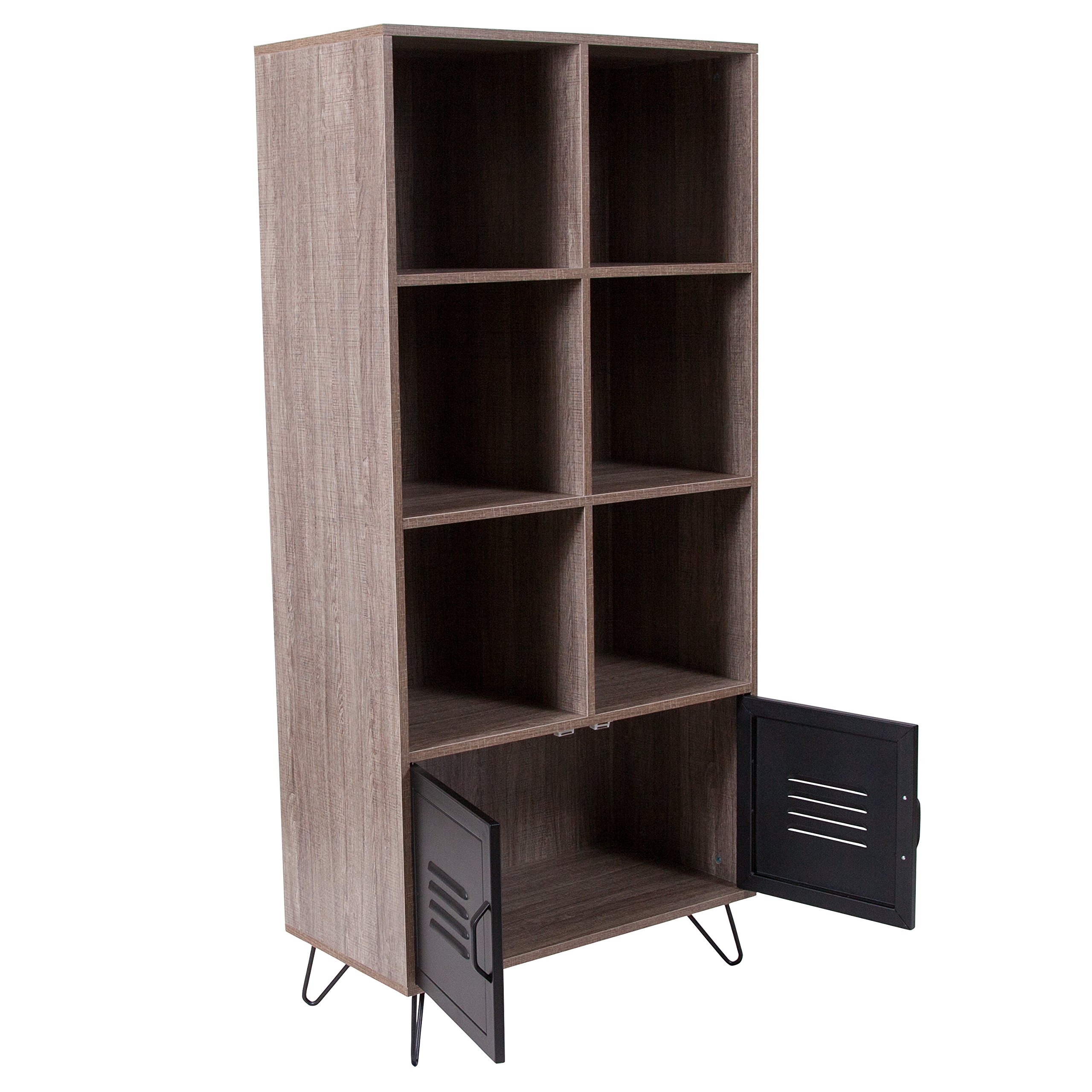 Flash Furniture Woodridge Collection 59.25"H 6 Cube Storage Organizer Bookcase with Metal Cabinet Doors and Metal Legs in Rustic Wood Grain Finish