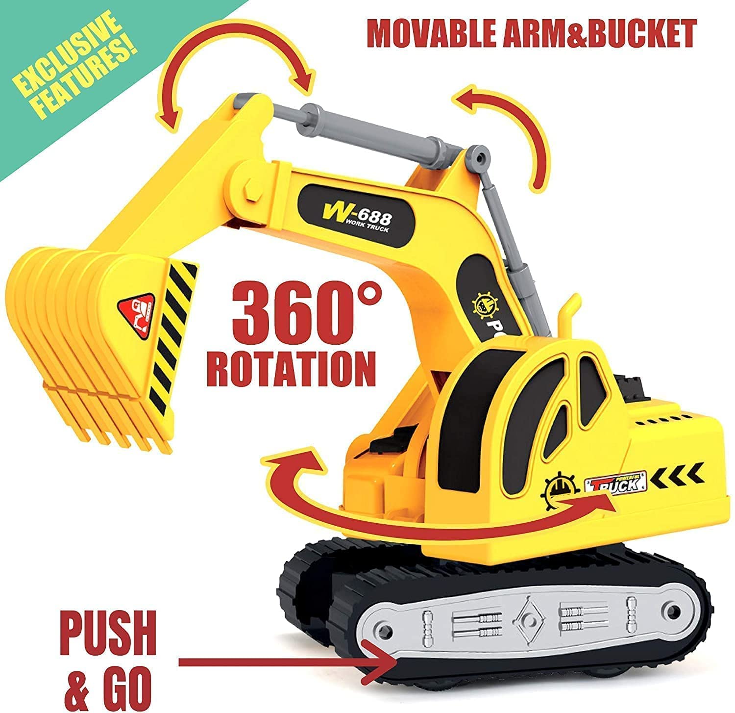MOBIUS Toys 4-in-1 Construction Vehicle Bundle - 1:12 Scale Dump Truck, Flatbed and 2 Excavators with Lights and Sounds, Push and Go Realistic Big Truck Toy, Construction Vehicle Excavator Toy