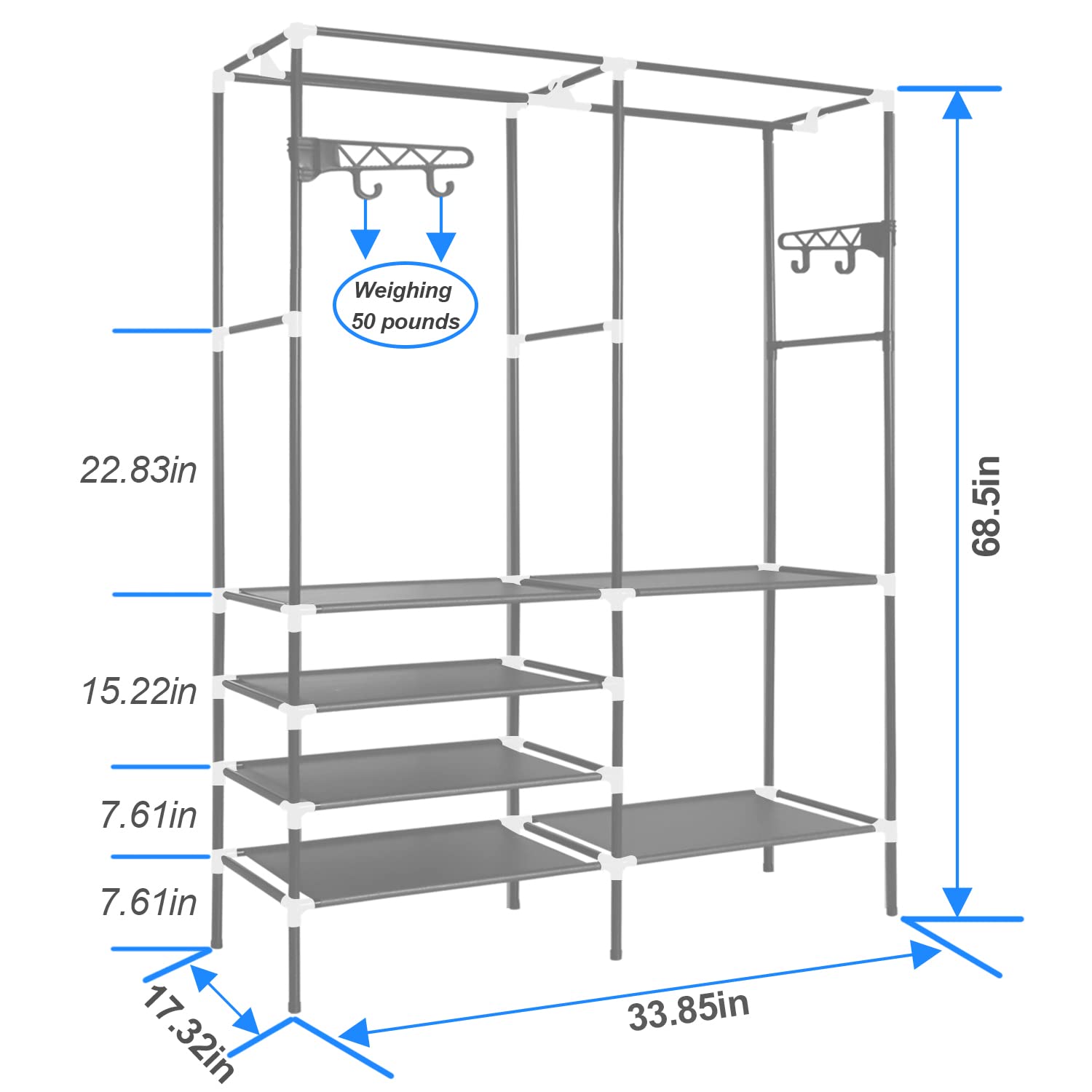 Garment Freestanding Clothes Organizer Closet, Metal Hanging Storage Organizer Rack Wardrobe with Shelves& Hanging Rods,Clothes Hanger Organizer (Grey)