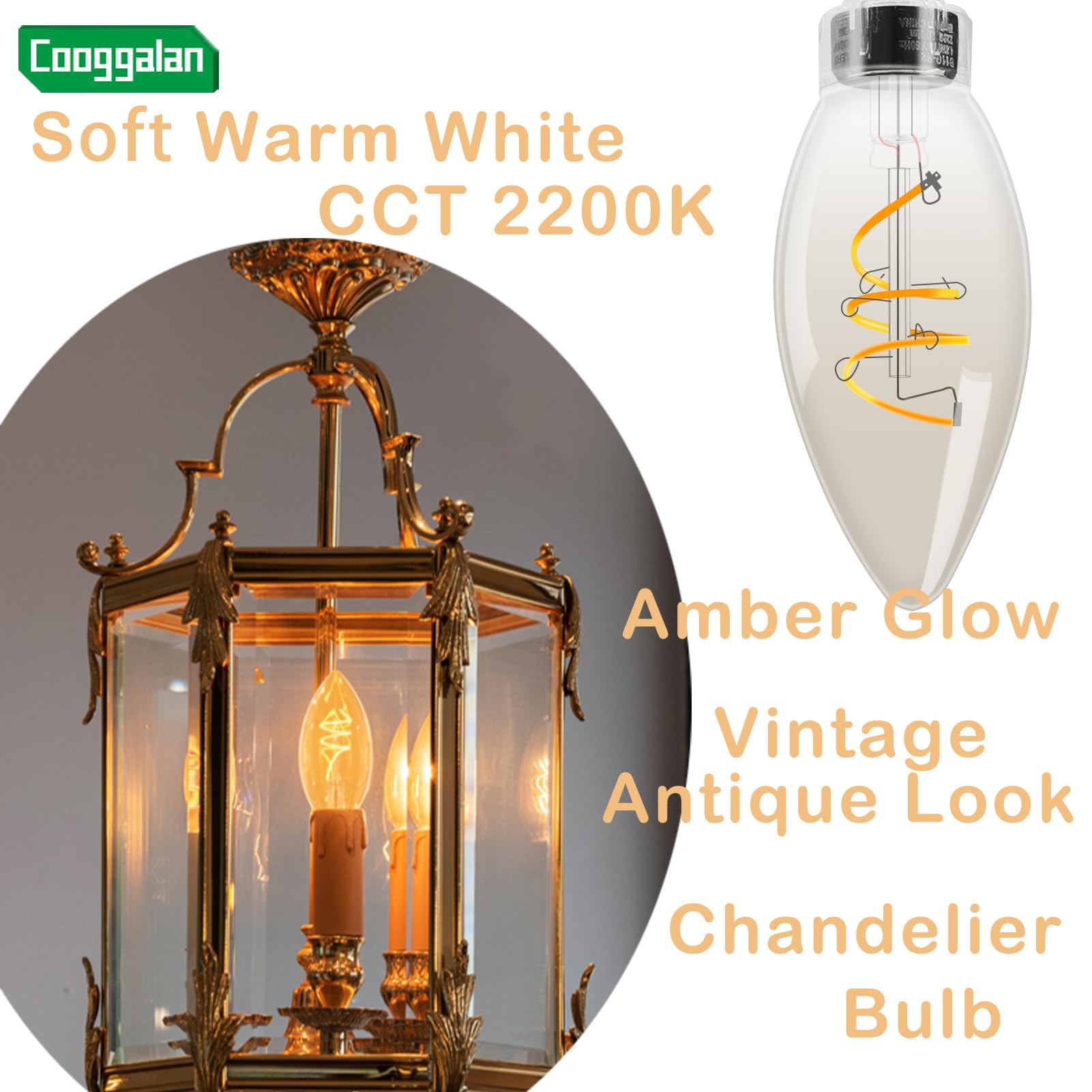 COOGGALAN Dimmable 60 Watt Chandelier Light Bulb, Amber Candelabra LED Light Bulbs B11 E12, Vintage Spiral Filament Bulb, 4.8W Warm White 2200K, CRI 90, 6 Pack
