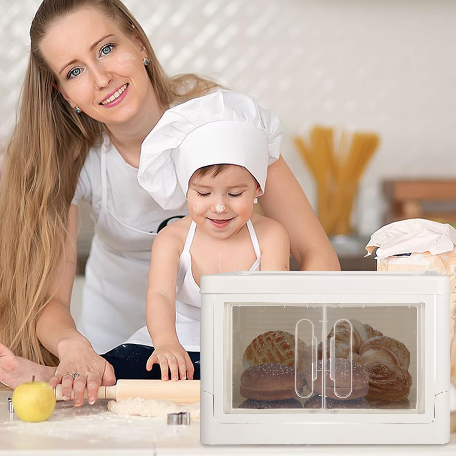 Bread Container, Plastic Bread Box for Bread Storage-Durable, Bread Box for Kitchen Countertop Bread Keeper with Airtight Lid Easy To Assemble, Farmhouse Bread Box with Window Bread Holder, White