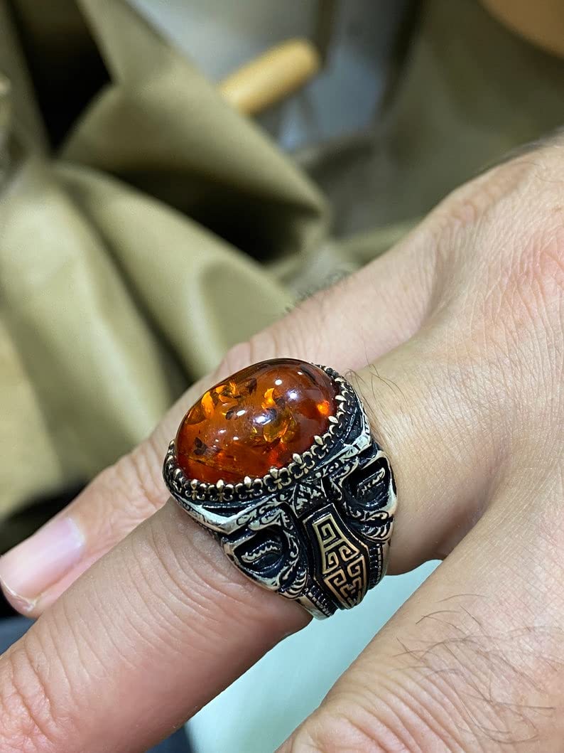 Mens Handmade Ring, Amber Stone Ring, Honey Amber Ottoman Mens Ring, Natural Stone, Men Ring, Gift for Him, 925k Sterling Silver Ring
