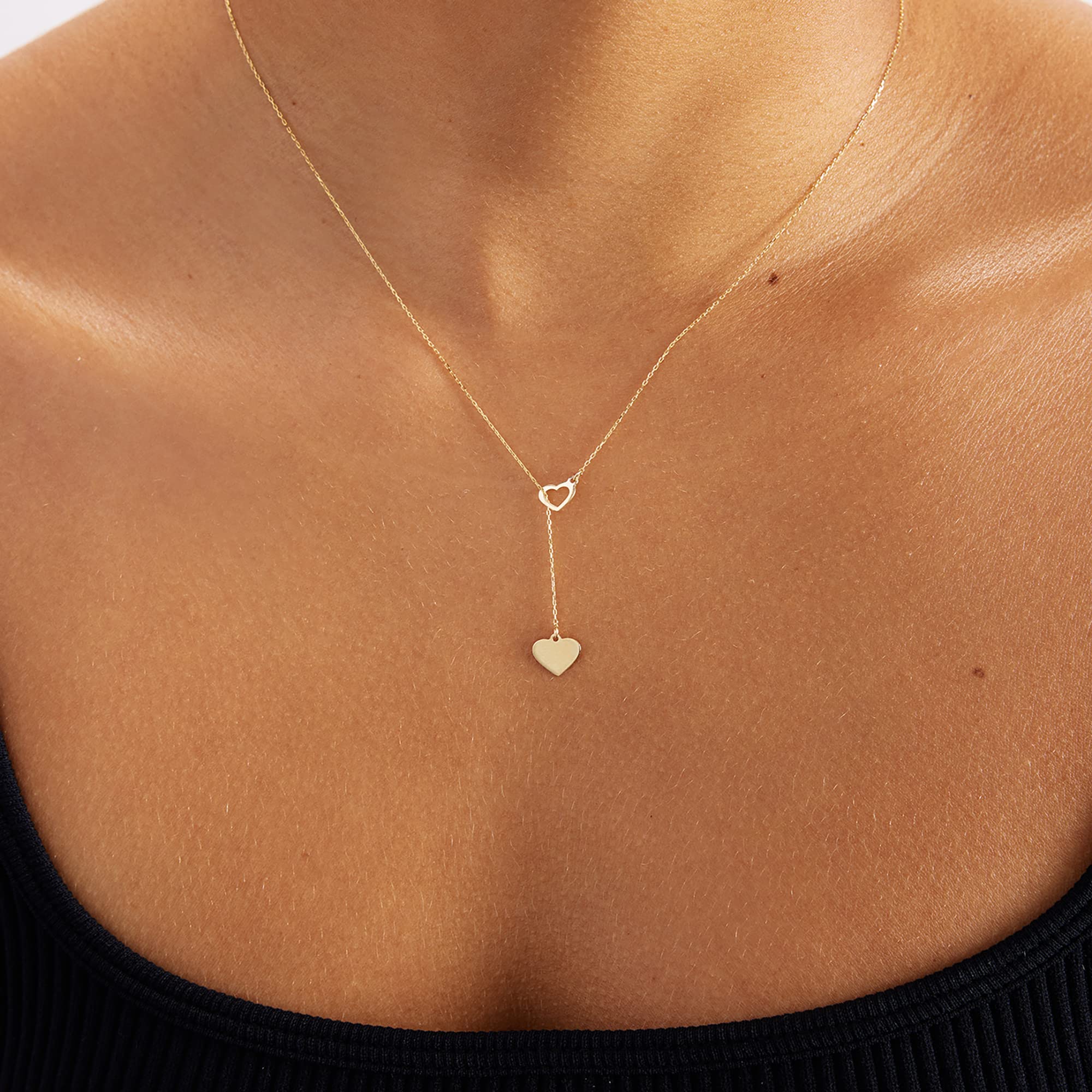 GELIN 14k Solid Gold Two Heart Lariat Y-Necklace for Women