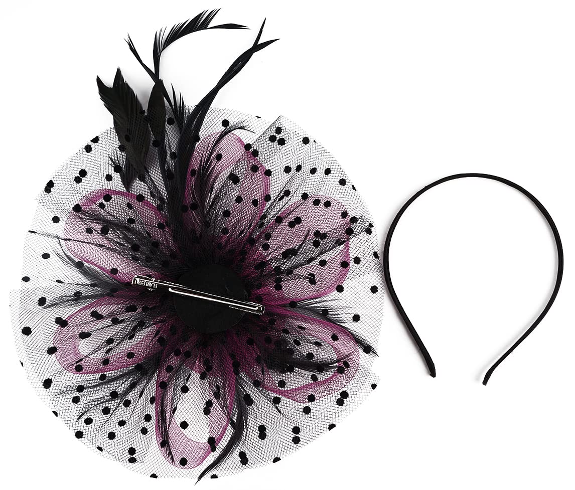 Fascinators for Women Tea Party Headband Kentucky Derby Wedding Cocktail Flower Mesh Feathers Hair Clip (Rose &Black)