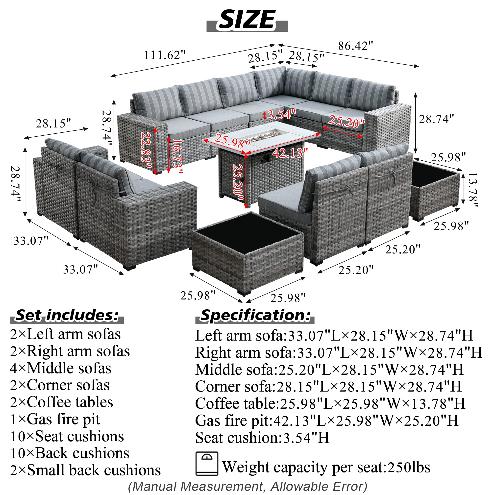 HOOOWOOO Outdoor Patio Sectional Furniture Sofa Set with Propane Fire Pit Table,13 Piece Large Modern Wicker Couch with Widened Armrest,Modular L Shaped Conversation Seating Set(Grey Strip)