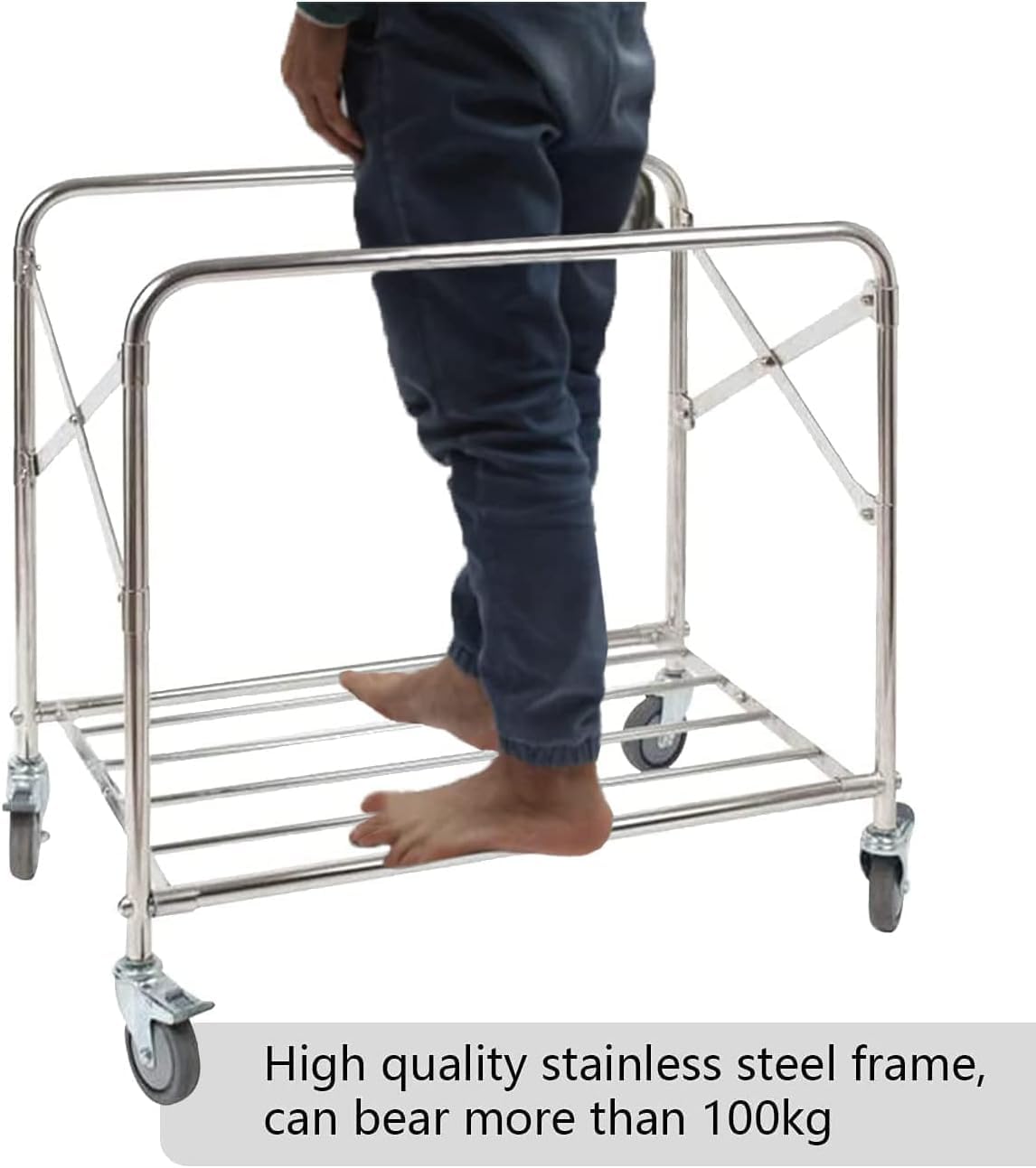 Bimiti Commercial Laundry Cart Folding Laundry Hamper Cart with Heavy Duty Rolling Lockable Wheels Collapsible Stainless Steel Laundry Trolley Cart with Foldable Waterproof Oxford Bag