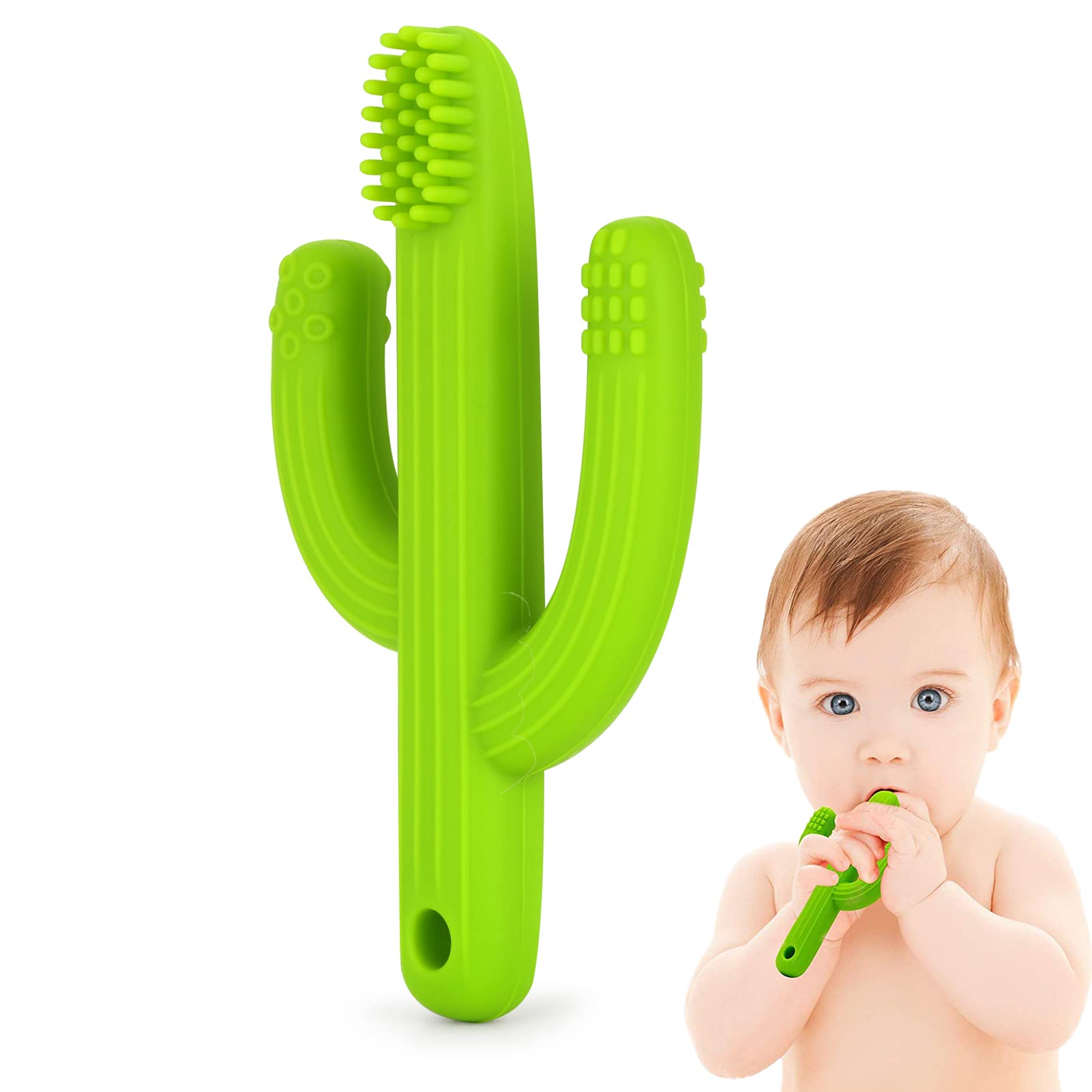 Cactus Teether, Baby Teething Toys for Babies 0-6 Months 6-12 Months, Self-Soothing Pain Relief Soft Baby Toothbrush for Babies, Toddlers, Infants, Boy and Girl, Natural Organic BPA Free(Green)