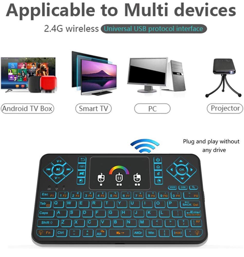 Mini Wireless Keyboard,Q9 Mini Keyboard with Touchpad,Colorful Backlit Small Wireless Keyboard,Mini Rechargeable Handheld Remote Keyboard for PC,Raspberry Pi 4, Android TV Box,KODI,Windows 7 8 10