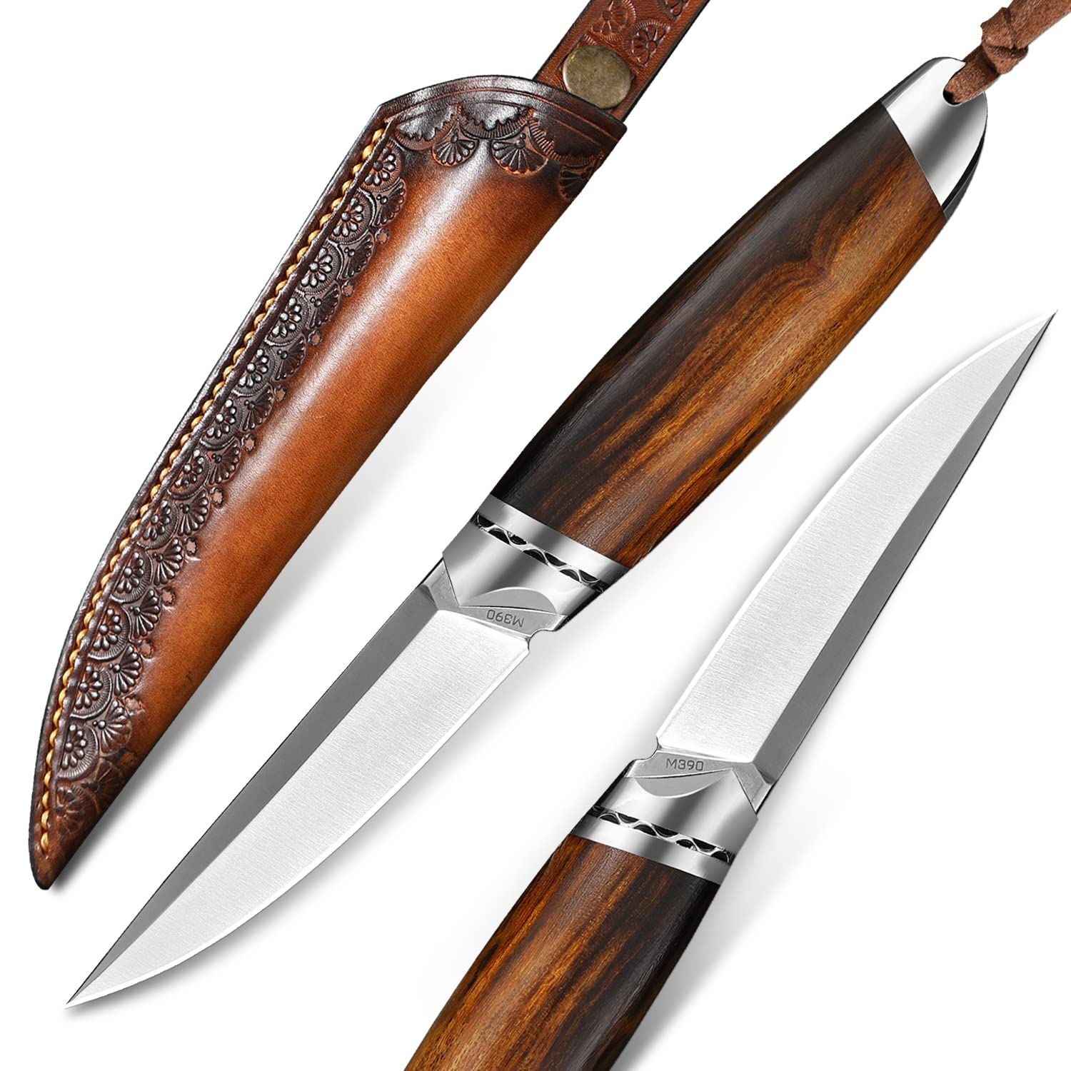 ALVELY Handmade in Northern Europe Fixed blade hunting knife,High hardness M390 steel Camping Adventure Knife,Desert Iron Wood Handle,With leather case and gift packaging,Home and Outdoor EDC knife