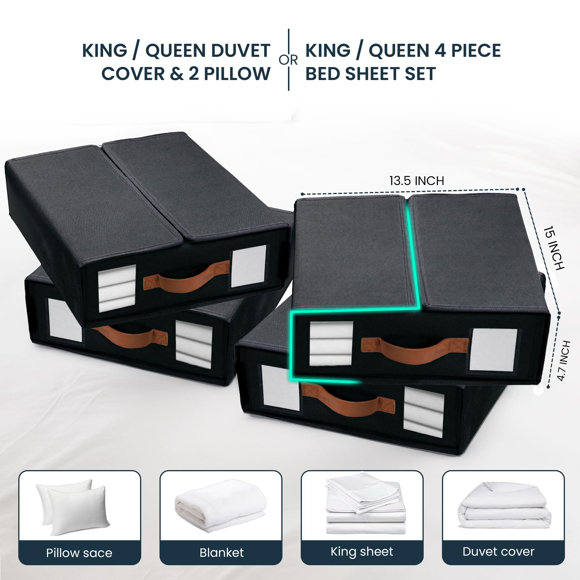 Bed Sheet Organizer pack of 4 – Beige Bed Sheet Organizers and Storage with Leather Handles – King & Queen Size Foldable Bed Sheet Storage Box with Label Cards & Windows for Visibility