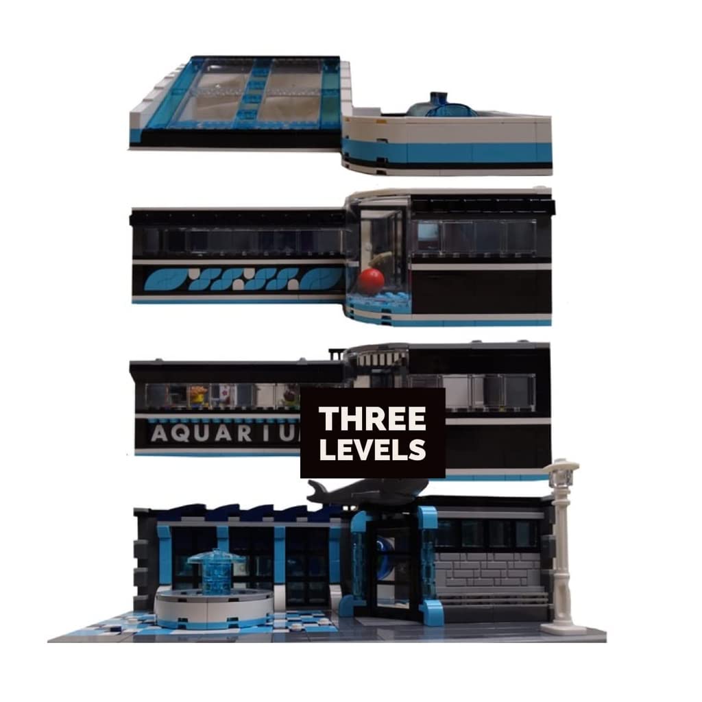 General Jim's Ocean Aquarium Museum Modern Three Level Glass Front Street View City Modular Building Blocks Set Aquarium Bricks Toy Building Set with Accessories for Teens and Adults