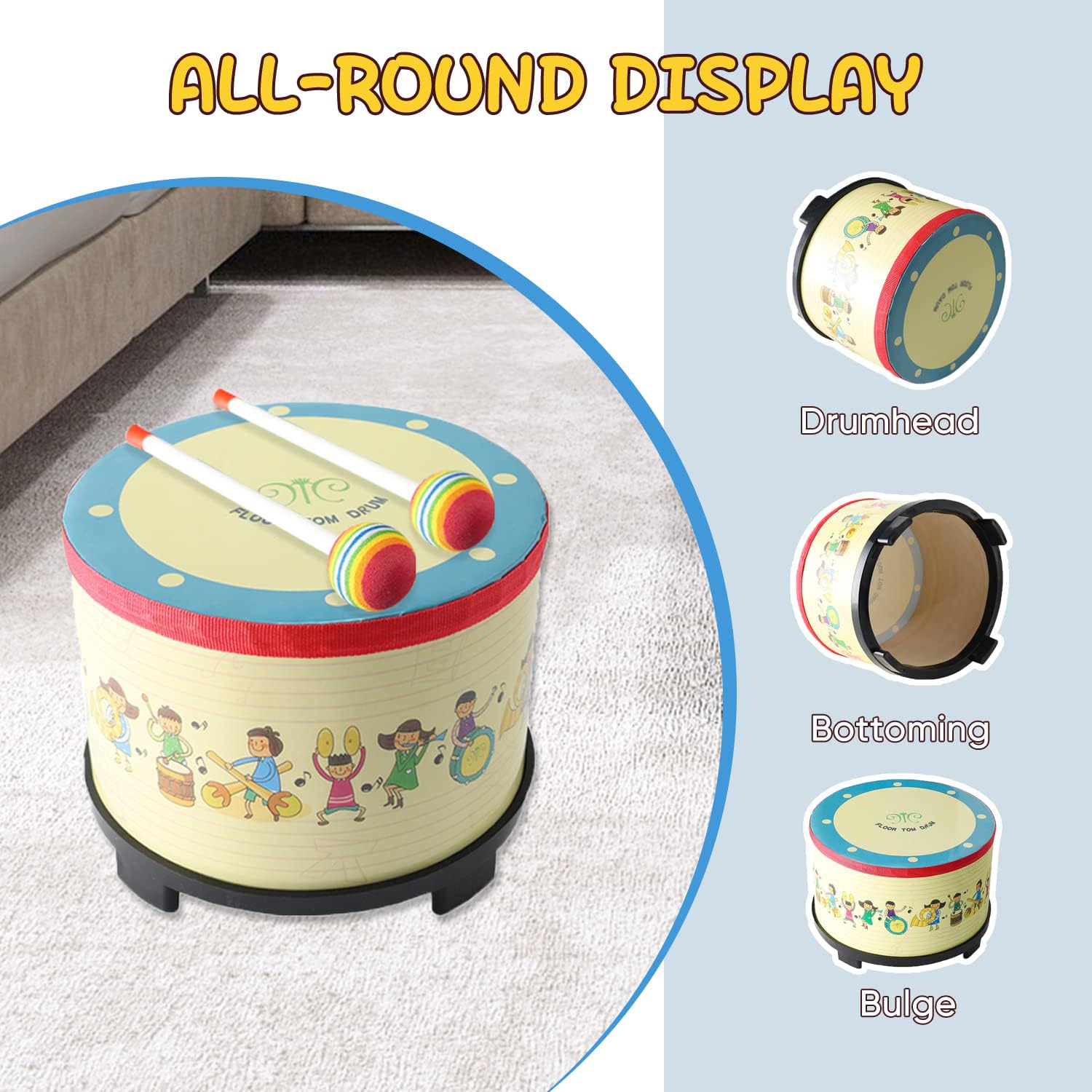 Floor Tom Drum 8 inch Gathering Club Carnival Colorful Percussion Instrument with 2 Mallets Music Drum for Child Special Christmas Birthday Gift (8 inch)