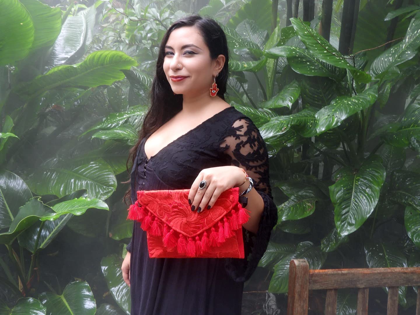Floral Embroidered Pom Tassel Fringe Slim Envelope Clutch Purse Crossbody Strap Bag - Women Fashion Handmade Boho Accessories (Red)