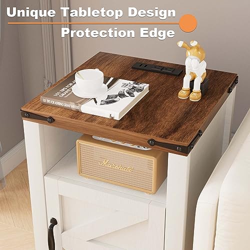 Breezestival Farmhouse Nightstand, End Table with USB and Socket, Wooden Side Table with Barn Door, Set of 2 with Storage Space, Suitable for Bedroom,Living Room, White