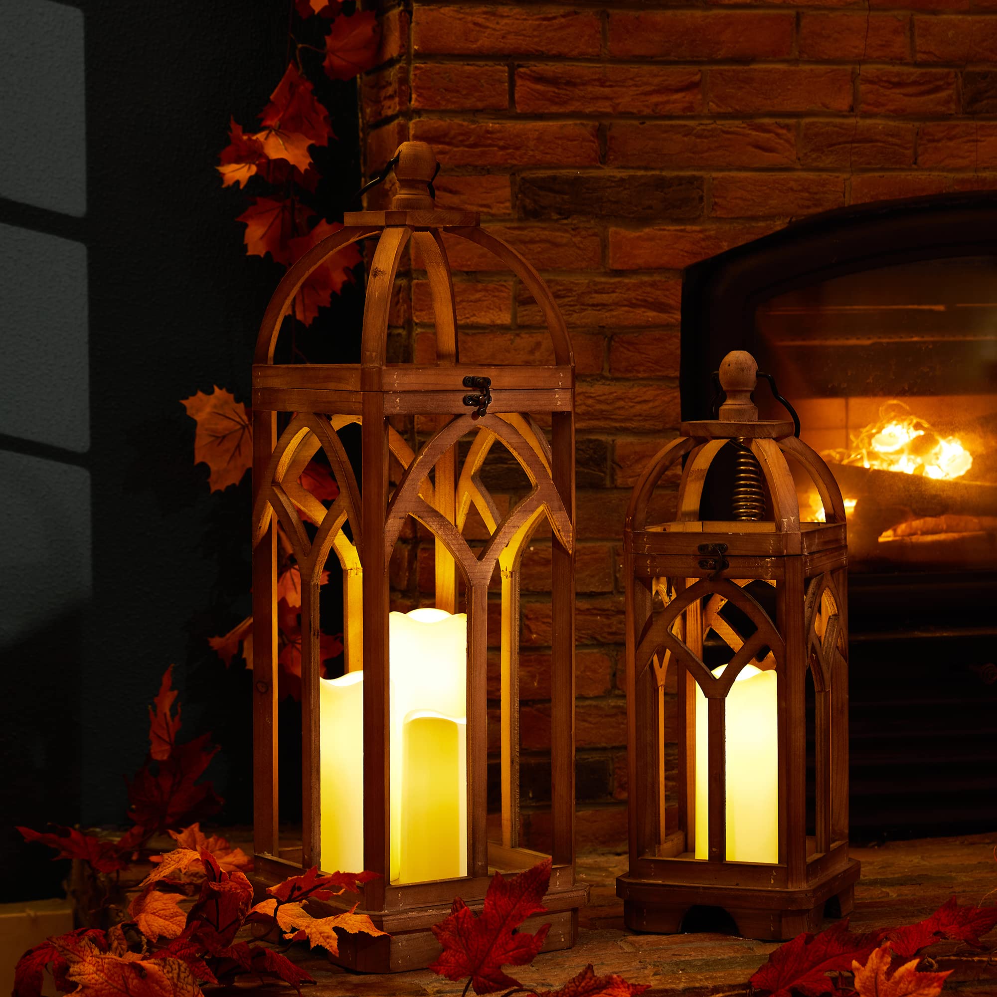 Glitzhome Farmhouse Decorative Lanterns Wooden Candle Lantern Church Window Frame Lanterns for Wedding Mantle Entryway Home Patio Balcony Garden, Pack of 2, Natural, No Glass