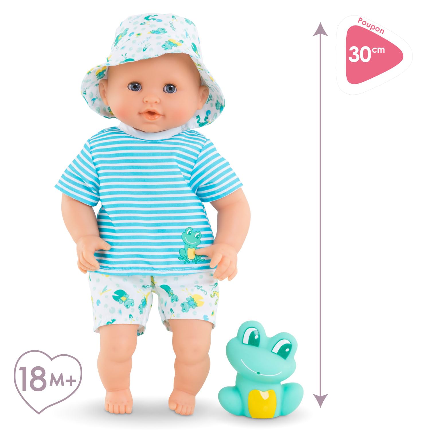 Corolle Bebe Bath Marin Baby Doll - 12" Soft-Body with Rubber Frog Toy, Safe for Water Play in Bathtub or Pool, Vanilla-Scented - for Kids sges 18 Months and up