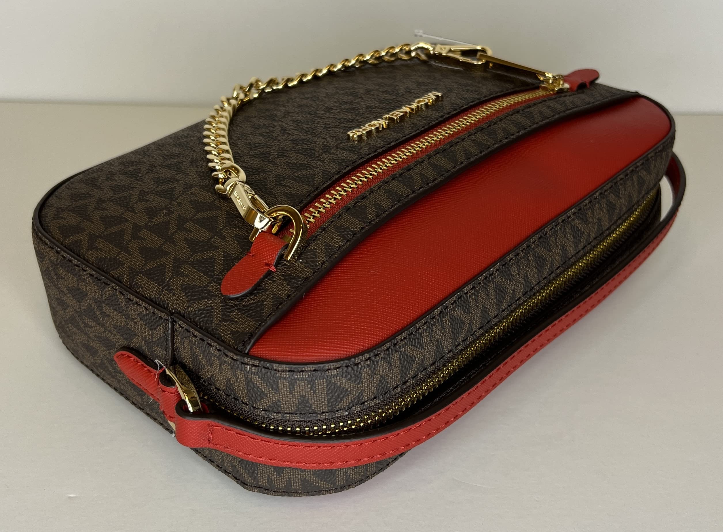 Michael Kors Jet Set Large Chain Crossbody Bag bundled with with SM TZ Coinpouch Wallet and Purse Hook (Signature MK Brown/Flame)