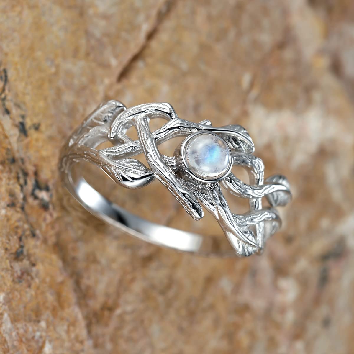 Angol Genuine Moonstone Ring Sterling Silver Leaf Moonstone Ring Statement Band Finger Minimalist Ring for Women with Gift Box (9)