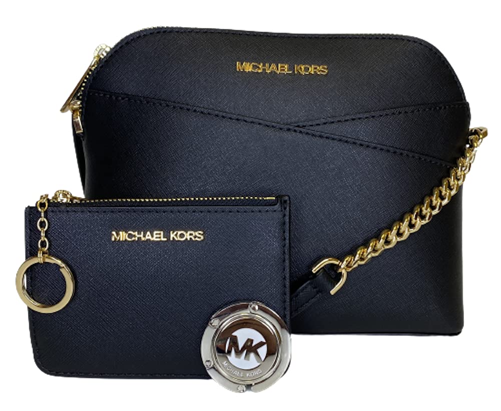 Michael Kors MICHAEL Michael Kors Jet Set Travel MD Dome XCross Crossbody bundled SM TZ Coinpouch Purse Hook (Black)