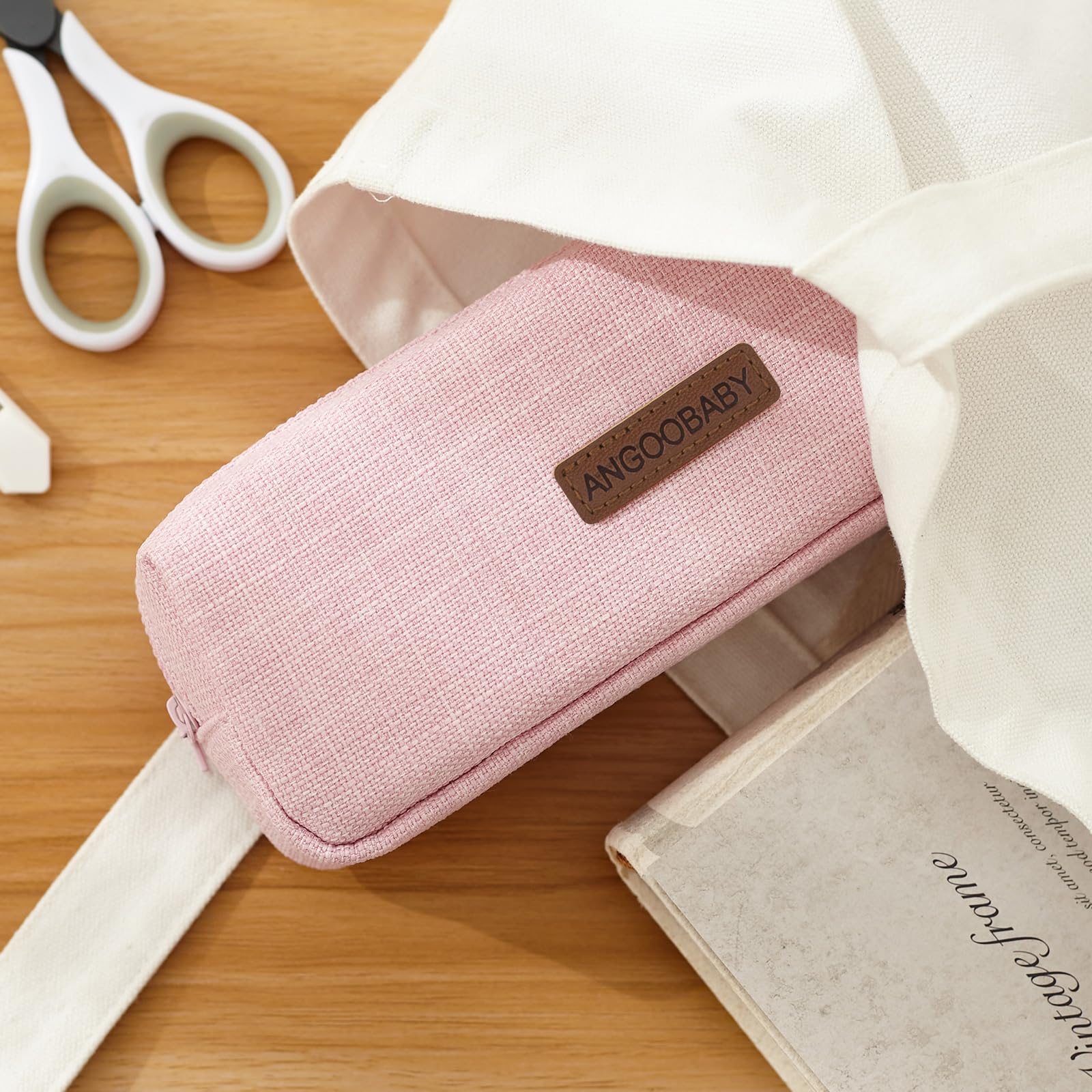 ANGOOBABY Small Pencil Case Student Pencil Pouch Coin Pouch Cosmetic Bag Office Stationery Organizer for Teen School-Pink