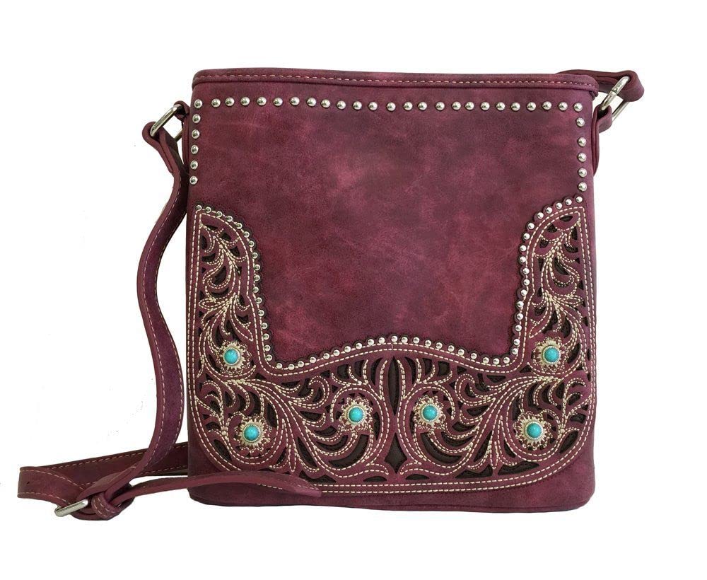 Montana West Concealed Carry Studs and Conchos Crossbody Purse - Burgundy