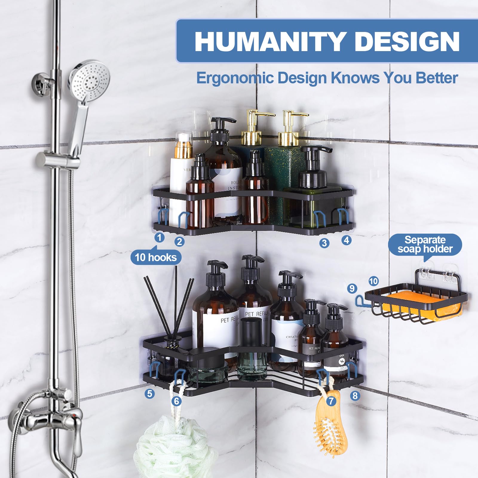 B BSIASIO Shower Car -3-Piece Set, With Soap Holder and Hook, Rust Resistant Stainless Steel Bathroom Shower Car, Non Drilled Wall Mount Bracket, Corner Shower, Black