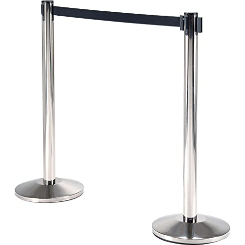 Global Industrial Retractable Belt Barrier, 40" Stainless Steel Post, 10' Black Belt, Lot of 2