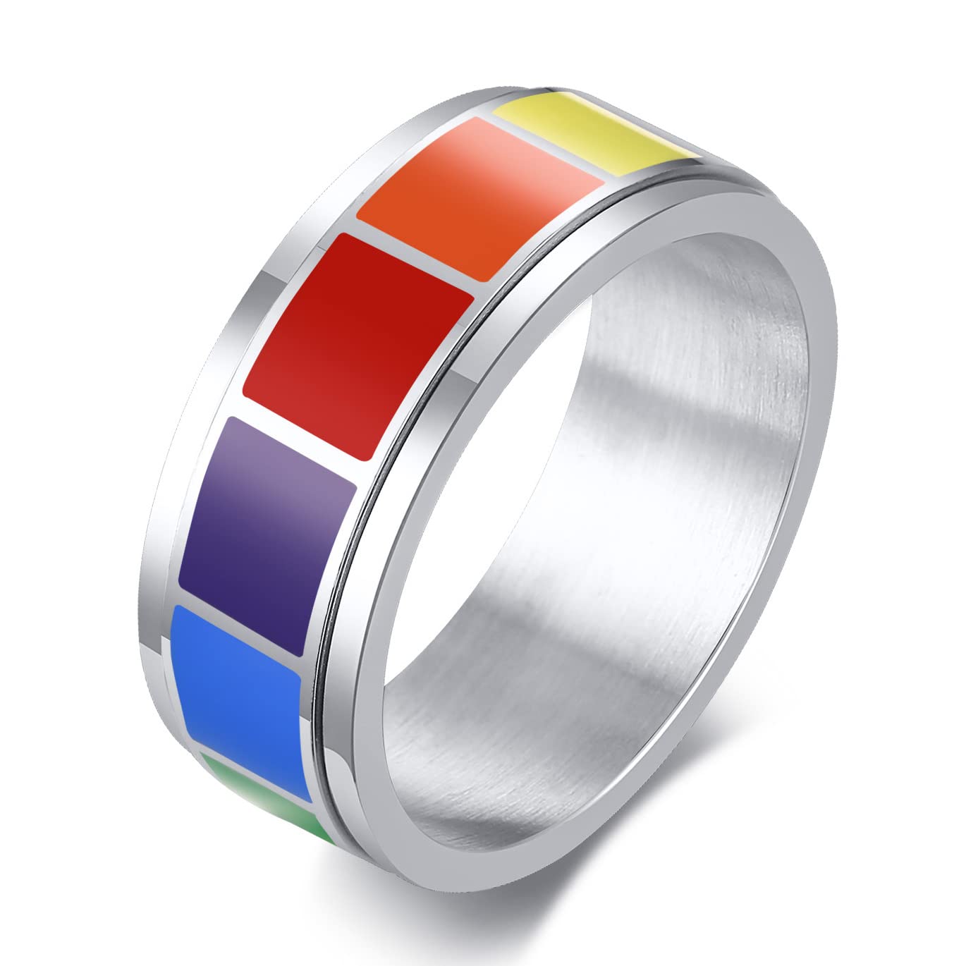 ANIEJUFI Stainless Steel Rainbow LGBT Spinner Ring Gay Lesbians Pride Jewelry Fidget Band Rings for Men Women Silver Size 12