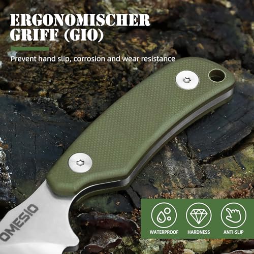 Omesio Neck Knife, Full Tang EDC Knife Necklace for Men, 5.82" Fixed Blade Knife with Kydex Sheath and Clip, Nessmuk Blade Small Knife D2 Steel G10 Handle for Outdoor, Survival, Camping