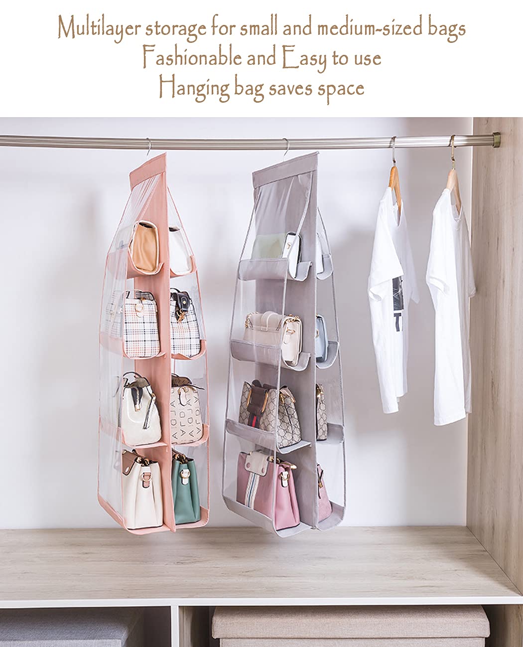 MURRI&MURRDI 2 Packs Hanging Handbag Organizer for Closet, Purse Storage Holder with 8 Easy Access Clear PVC Pockets, Purse Hanger for Wardrobe Space Saving Organizer (2 Gray)