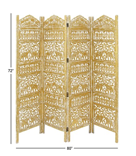 Deco 79 Wooden Scroll Handmade Partition Room Divider Screen Hinged Foldable Partition 4 Panel Privacy Screen with Carved Elephant Accents, Room Partition 80" x 1" x 72", Gold