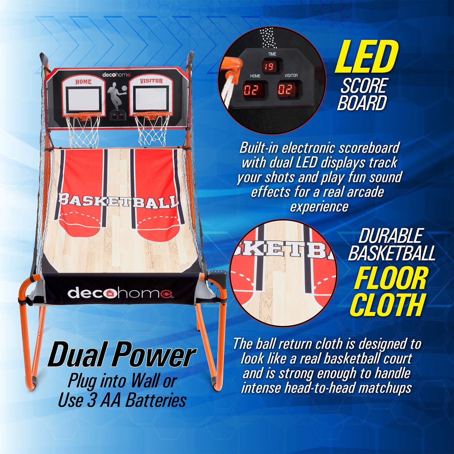 Deco Home Arcade Basketball Game with Dual Rim Backboard, Includes Electronic Tracking LED Scoreboard with 8 Game Modes for 1-4 Players, 5 Game Balls, Air Pump, Folding Assembly for Easy Storage