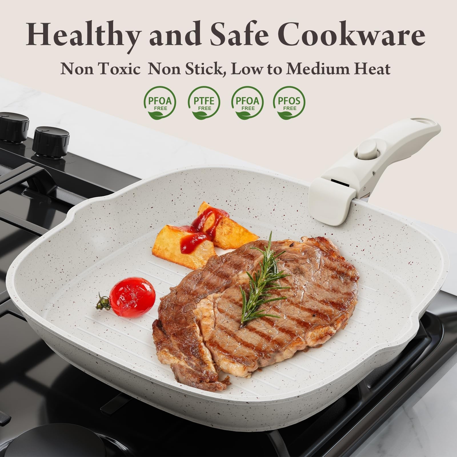 Bazova 19 Pcs Pots and Pans Set Non Stick Ceramic Cookware Set with Removable Handles, Non Toxic Induction Kitchen Cookware Sets RV Cookware,Dishwasher/Oven Safe PFAS/PTFE/PFOA Free Cream White