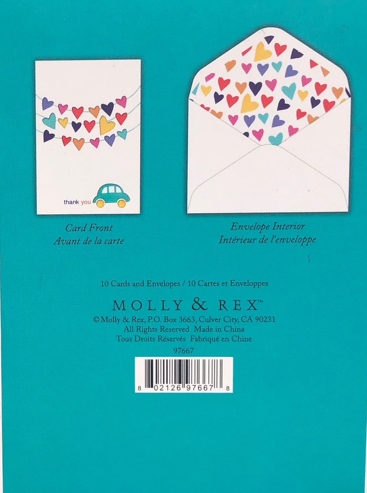 Molly & Rex Window Boxed Set of 10 Laser Cut Thank You Blank Cards, Love Bug Heart Line 97667