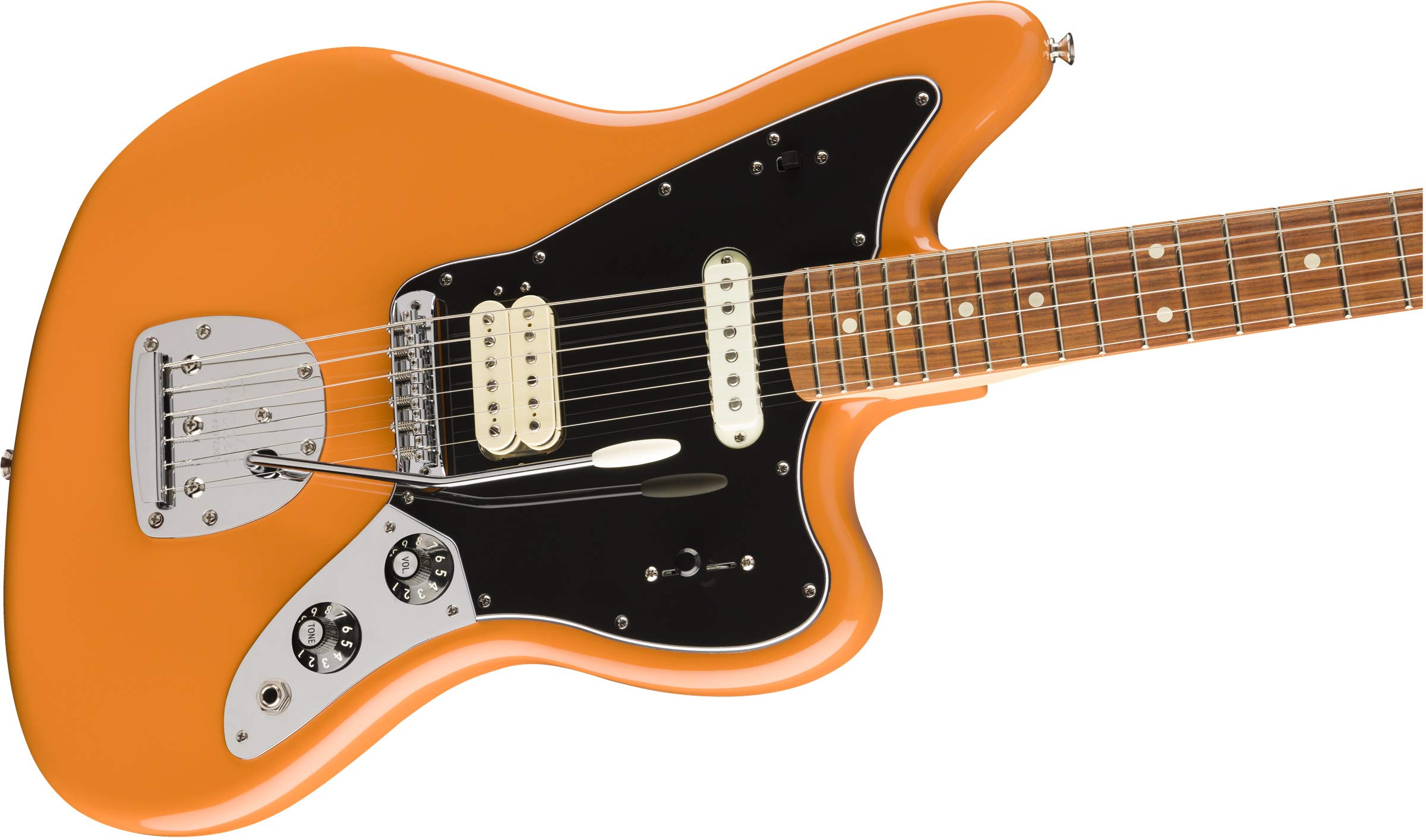 Fender Player Jaguar - Capri Orange Bundle with Hard Case, Cable, Tuner, Strap, Strings, Picks, Capo, Fender Play Online Lessons, and Austin Bazaar Instructional DVD