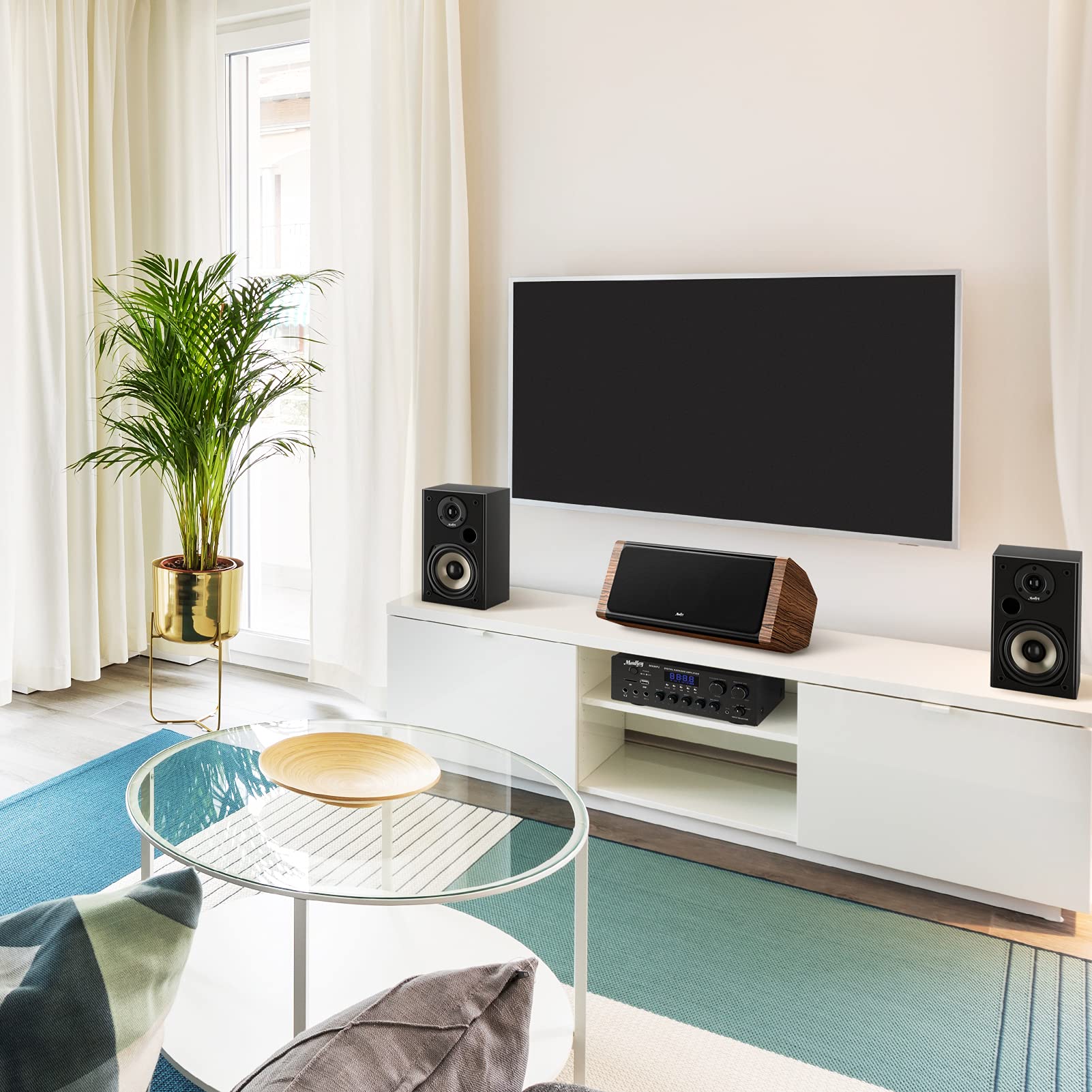 Moukey Center Channel Speaker, 100 Watt Peak Compact Center Speaker Hi-Res Audio with Deep Bass Response, for TV, Home Theater, Dolby and DTS Surround - Mcs1