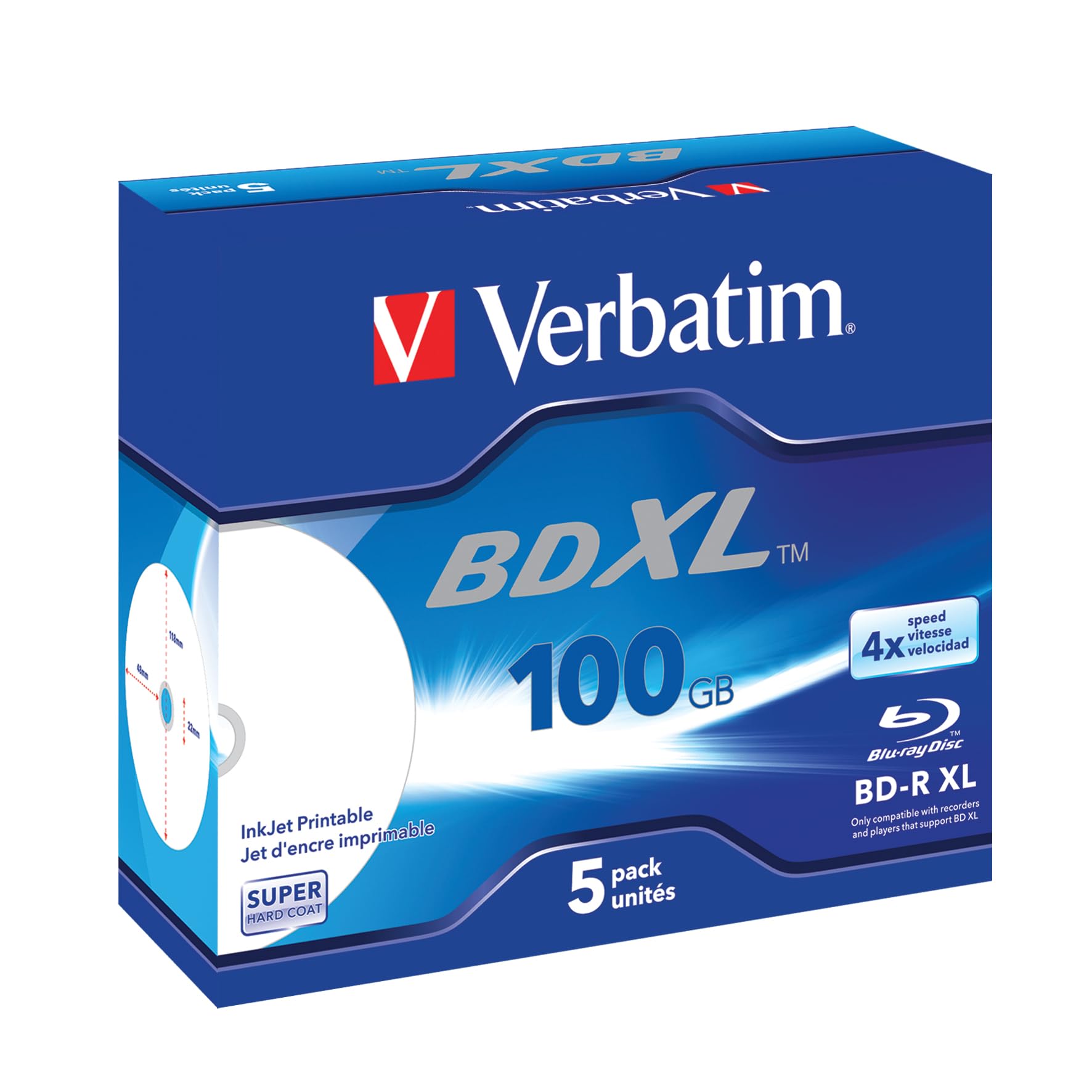 Verbatim 5 x BD-R XL - 100 GB 4X - Ink Jet Printable Surface - Jewel case