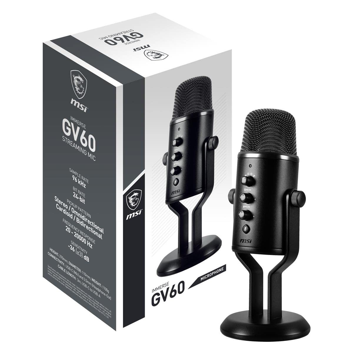 MSI IMMERSE GV60 Streaming Microphone (USB Type-C Interface and 3.5mm Aux, for Professional Applications with Intuituve Control in 4 Modes: Stereo, Omnidirectional, Cardioid and Bidirectional)